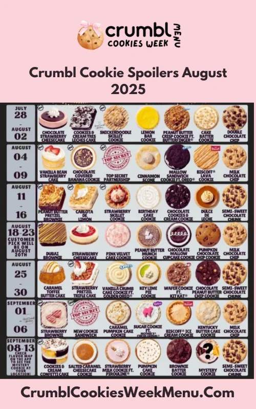 Crumbl Cookie Spoilers August 2025 (All Weeks Flavors)